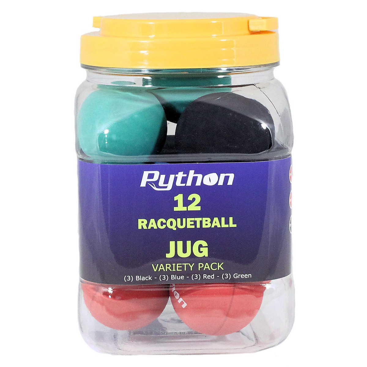 Python Variety Pack Racquetball(Jug) (12 Balls)(3-Black,3-Blue,3-Red, 3-Green)
