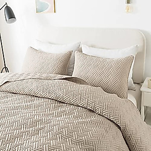 Beige Quilts Queen Size Bedding Sets with Pillow Shams, Tan Cream Lightweight Soft Bedspread Coverlet, Quilted Blanket Thin Comforter Bed Cover, All Season Summer Spring, 3 Pieces, 90x90 inches