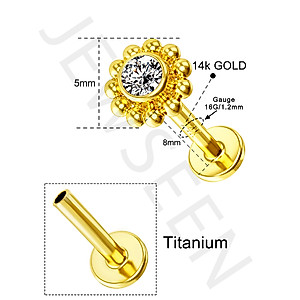 Jewseen 14K Gold Flat Back Earrings Sunflower Top Push in Threadless Cartilage Piercing Jewelry Stud Earrings Helix Piercing Jewelry Tragus Earring Titanium Conch Piercing Jewelry for Women