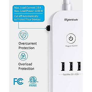 Syantek Remote Control Power Strip with 3 USB Ports, 3 RF Controlled Outlets, 5 FT/1.5 Meter Long Extension Cord, White Power Strip, 10A/1250W for Household and Workstation Appliances