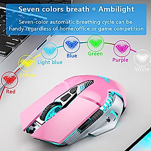 Pink Wireless Mouse, Rechargeable Bluetooth Gaming Mouse Multi Device (3-Mode:BT 5.0/3.0+2.4Ghz) with Side Buttons, RGB LED Backlit, USB Cordless Computer Mice for Laptop/PC/MacBook Pro/iPad (Pink)