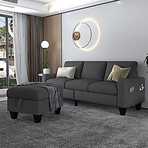 Dark Grey Convertible Sectional Sofa Couch,3 Seat L Shaped Sofa Couch with Storage Reversible Ottoman and Pockets, Modern Linen Upholstered Sofa Furniture Sets for Living Room Bedroom Small Space
