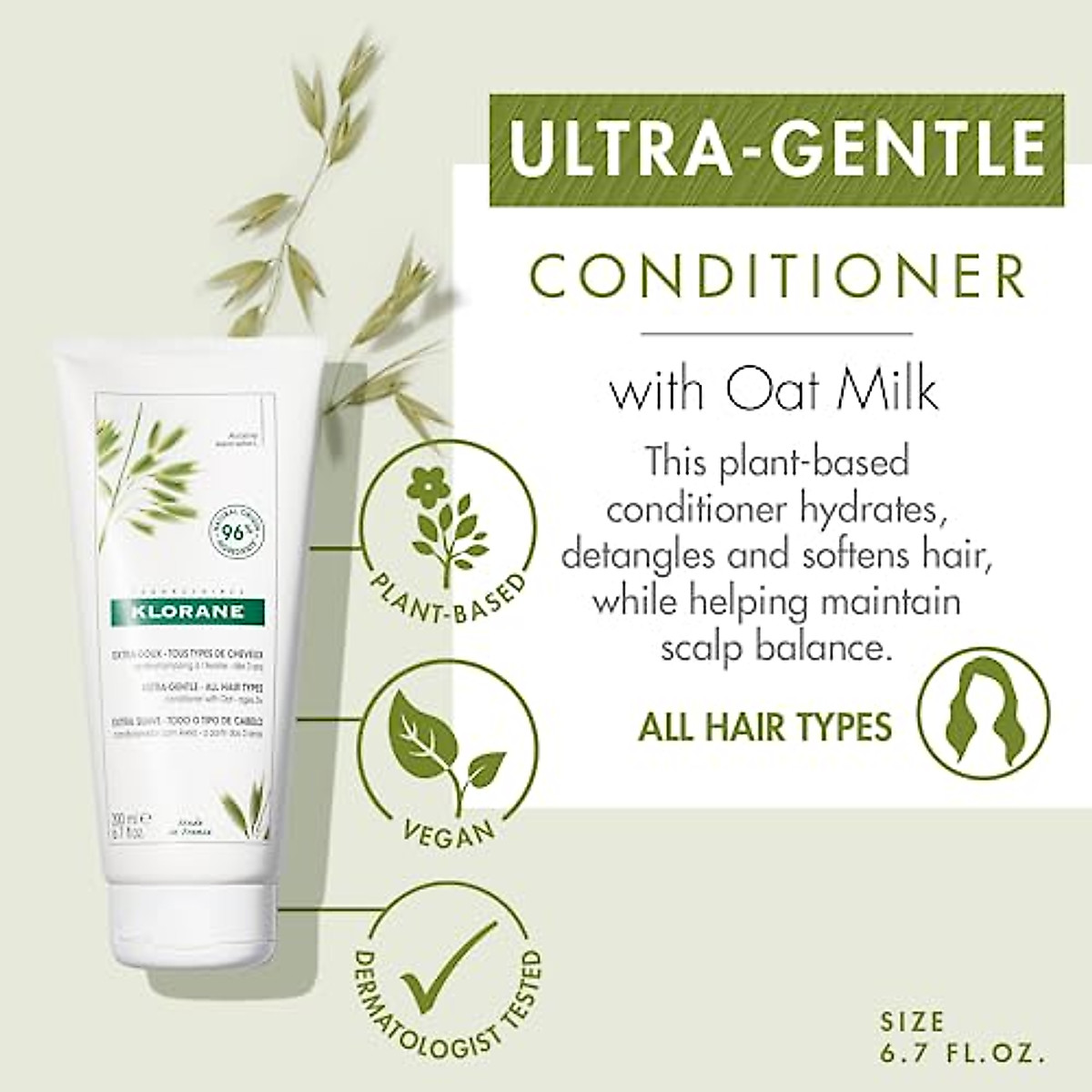 Klorane Ultra-Gentle Conditioner with Oat Milk, Sulfate-Free, Dermatologist and Pediatric Tested, Hypoallergenic, Vegan, Plant-based, Biodegradable 6.7 Fl Oz (Pack of 1)