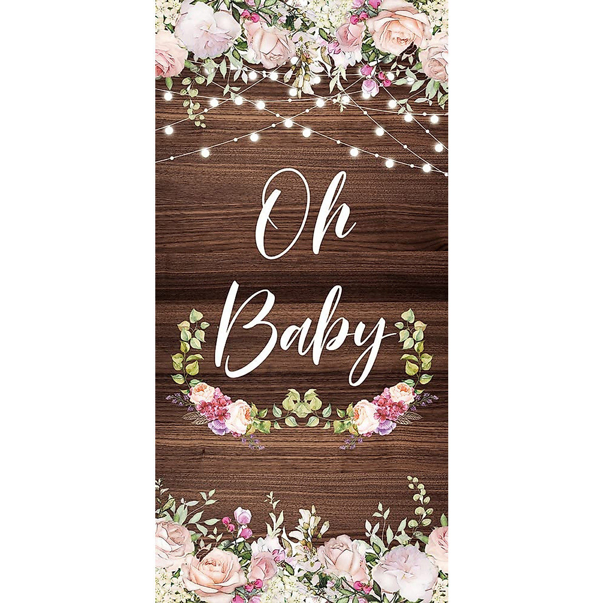 ZDX Oh Baby Door Banner Photo Rustic Floral Wood Backdrop Decorations Baby Shower Newborn Party Door Hanger Cover Sign Supplies Poster Background Decor 72.8 x 35.4in