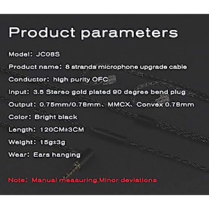 JCALLY Earbuds Cable, QDC Cable,Replacement Cable Oxygen-Free Copper Upgrade 5N OFC Headphone Wire 8 Shares 2Pin 0.78mm Earphone 3.5mm Wire with Microphone JC08S (Black) (Black 0.78mm)