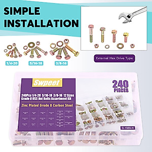 Swpeet 240Pcs 1/4-20 5/16-18 3/8-16 12 Sizes Grade 8 USS Nut Bolts Assortment Kit, Heavy Duty Bolt Nut and Washer Assortment Coarse Thread Hex Head Cap Screws Bolt Flat and Lock Washer