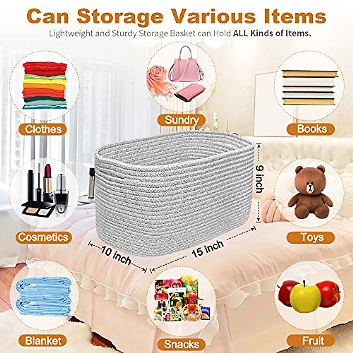 Desihum 3 Pack Cotton Rope Basket for Organizing, Woven Storage Basket with Handle, Decorative Baby Nursery Blanket Baskets Living Room Bin for Kids Clothes, Toys, Books, Fruit, Towel, 15×10 × 9 inch