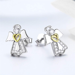 CZ Angel Stud Earrings for Women 925 Sterling Silver Cubic Zirconia Small Cute Crystal Gold Heart Studs Tragus Post Hypoallergenic Lovely Jewelry Gift for Daughter Niece