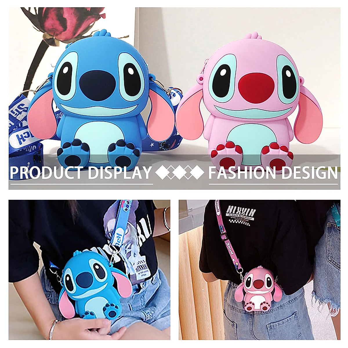 Stitch Crossbody Bag with Adjustable Shoulder Strap,ANEIMIAH Lilo and Stitch Birthday Gifts for Girls Women Kawaii Purse Cute Pink Silicone Mini Anime Stich Coin Wallet Stich Cartoon Bag
