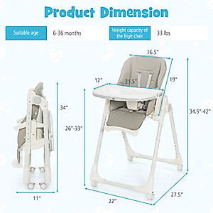 BABY JOY High Chair for Babies & Toddlers, Foldable Highchair with Adjustable Backrest, Footrest and Height, Removable Tray, Detachable Seat Cushion, 4 Lockable Wheels (Gray)