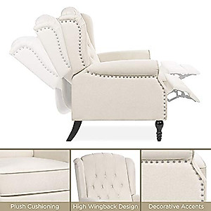 Best Choice Products Tufted Upholstered Wingback Push Back Recliner Armchair for Living Room, Bedroom, Home Theater Seating w/Padded Seat and Backrest, Nailhead Trim, Wooden Legs, Beige