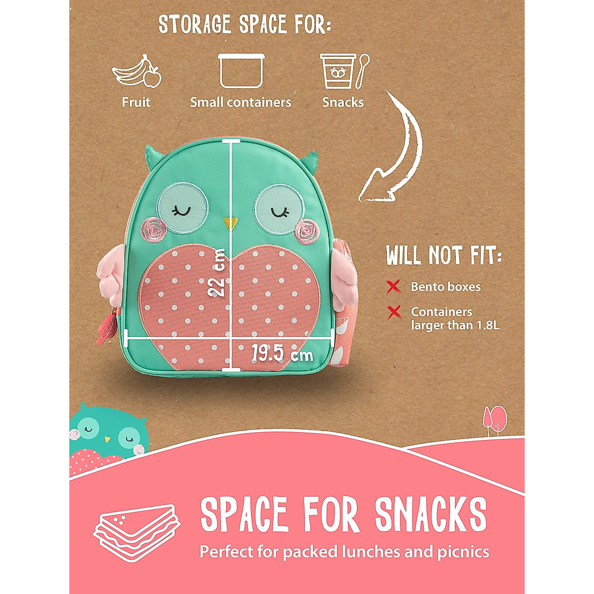 Planet Buddies Kids Lunch Box Bag, Insulated Lunch Bag Backpack for School, Cool Bag Lunch Boxes for Girls and Boys, Children's Backpacks with Water Bottle Holder and Name Tag, Olive the Owl