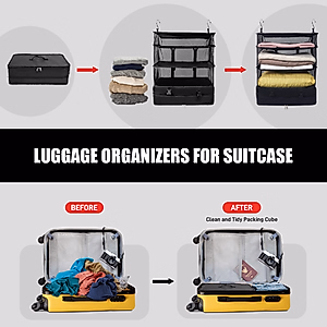 Twira Travel Organizer, X-Large Capacity Caddy, 4-Shelf Portable Hanging Closet with 2 Hooks, Black