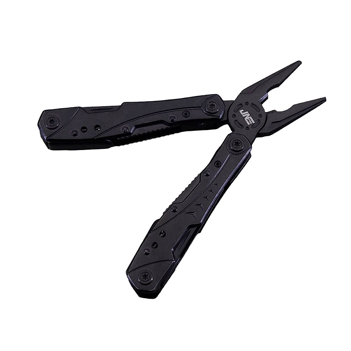 JNEPro Multi Tool | Folding Pocket Knife | 12 in 1 Multi Function Tool w/Nylon Pouch | Stainless Steel | Pliers, Screwdriver & 10 Screw Bits, Bottle/Can Opener, Metal File, Wood Saw | Black