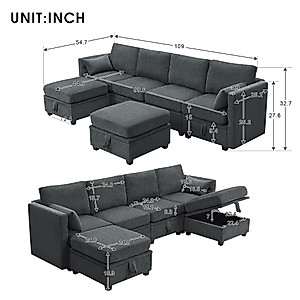 Ucloveria Chenille Modular Sectional, U Shaped Couch with Adjustable Armrests and Backrests,6 Reversible Sofa Bed with Storage Seats for Living Room, Apartment,Grey, Grey-109