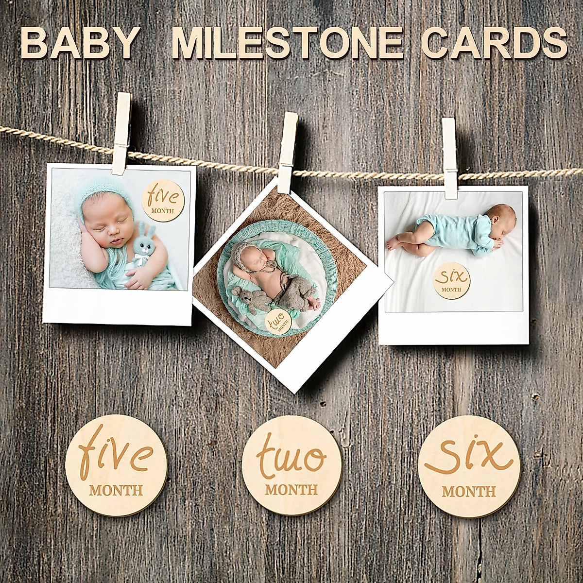 12 PCS Wooden Baby Monthly Milestone - Milestone Photo Cards, 1-12 Months Wood Milestone Disc Set, Birth Announcement Sign for First Year Picture Props, 4 inch Diameter