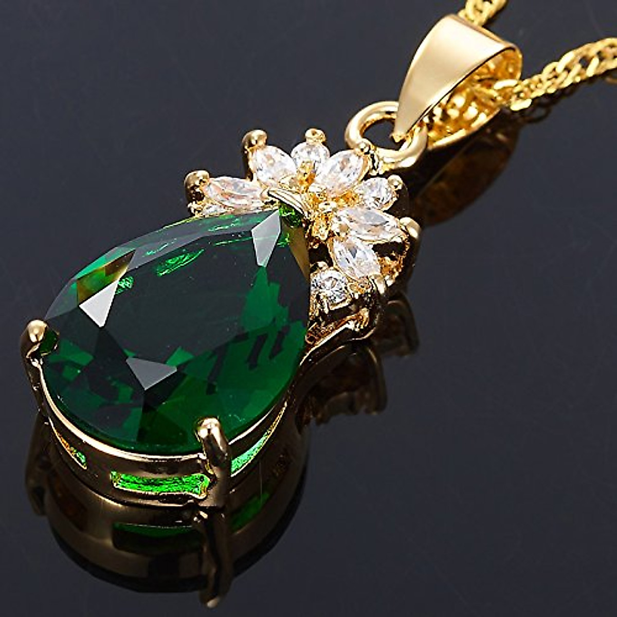 RIZILIA Pendant with 18" Chain & Pear Cut CZ [Simulated Green Emerald] in Yellow Gold Plated, Simple Modern Elegant