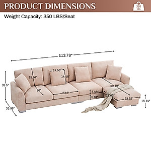 Wrofly Oversized L Shaped Sectional Sofa Couch, 113" Comfy Chenille Upholstered 5 Seat Modular Sofa Set with Convertible Ottoman, Modern Deep Seat Cloud Couch for Living Room Office, Pink