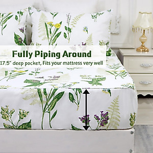 FADFAY California King Size Sheets Set Premium 100% Cotton Green Floral Bed Sheet Botanical Lavender Leaf Daisy White Deep Pocket Fitted Sheet Soft Shabby Sheets Pillowcases Set 4Pcs, Cal King