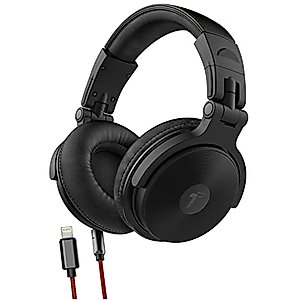 Thore Over Ear iPhone Headphones with Lightning Connector (Apple MFi Certified) – Closed Back Studio DJ Monitor Earphones (50mm Neodymium Drivers) (V200 Black/Red)