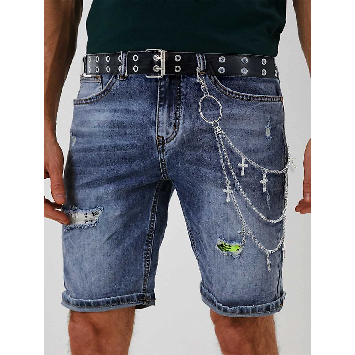 Jemiwa Grommet Leather Belt with Detachable Chain Punk Aesthetic Waist Belt Rock Style Jeans Belt Chains (E)