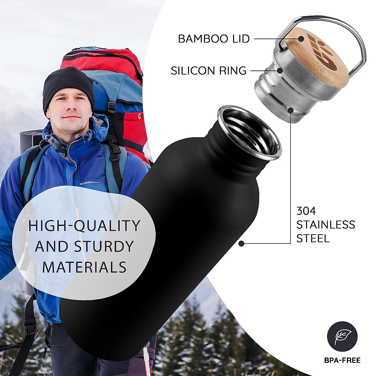 Bambaw 32 oz Water Bottle, Black Water Bottle Non-insulated, Single Wall Stainless Steel Bottle, Metal Water Bottle, Large Water Bottle 32oz, Reusable Water Bottle for Men and Women – Jet Black