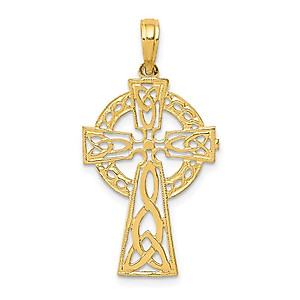 Solid 14k Yellow Gold Celtic Knot Irish Claddagh Cross Pendant Charm - 26mm x 18mm