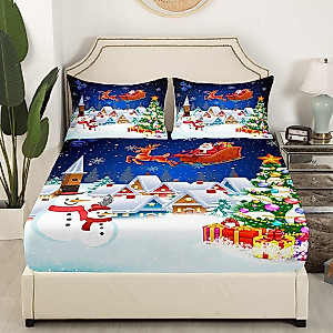 Manfei Christmas Sheet Set Full Size Snowman Christmas Tree Print Bed Sheet Set 4pcs with Deep Pocket Fitted Sheet + Flat Sheet + 2 Pillowcases Santa Claus with Reindeer Bedding Set for Kids Girls