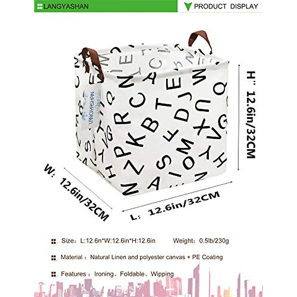 LANGYASHAN Square Storage Baskets Waterproof Canvas Children Laundry Nursery Hamper for Shelves Gift Baskets Toy Organizer Room Decor (Square alphabet)