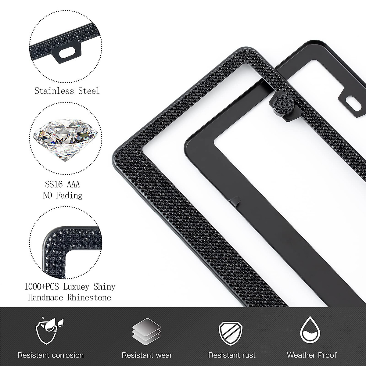 FIISFIIS Bling License Plate Frame for Women,2 Pack Premium Stainless Steel Rhinestone License Plate Holder,Handmade Glitter Crystal Diamond Girl Lincense Plate Tag Cover,Bedazzled Sparkly-Black