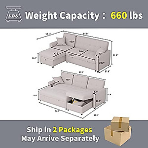 MGH Reversible Sectional Sleeper 82In Wide Couch with Storage, Pull-Out Sofa Bed, L-Shape with Chaise for Living Room Small Apartment (Light Grey), LV7047