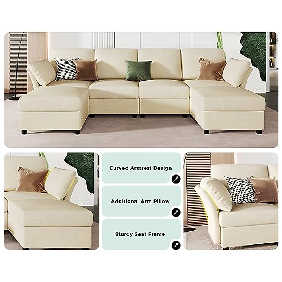 VanAcc Sectional Couch 7 Seats, Modular Sectional Sofa, Convertible Sofa in U Shape with Ottomans, Reversible Sofa Couch for Living Room, Beige Chenille