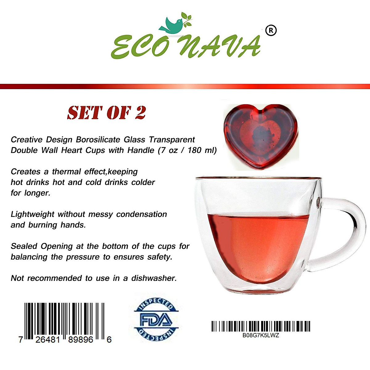 ECO NAVA Set of 2 Pack Creative Heart Shape Design Double-Layer Transparent Double Wall Drinking Glass Cup Mug (7 oz, 180 ml) for Coffee, Tea
