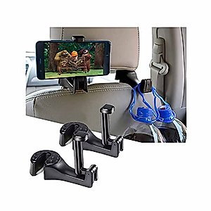 OCUBE Car Hooks Car Seat Back Hooks with Phone Holder, (2 Pack) Universal Vehicle Car Headrest Hooks Hanger with Lock and Phone Bracket for Holding Phones and Hanging Bag, Purse, Cloth, Grocery-Black