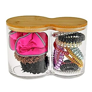 ARAD Cotton Ball, Swab, Q-tip Storage Set, 1-Piece, 2 Compartment, Clear Acrylic Jar Container with Bamboo Lid, Easy Organization on Bathroom Counters, Under-Sink Placement-6" L x 3.5" W x 4.5" H