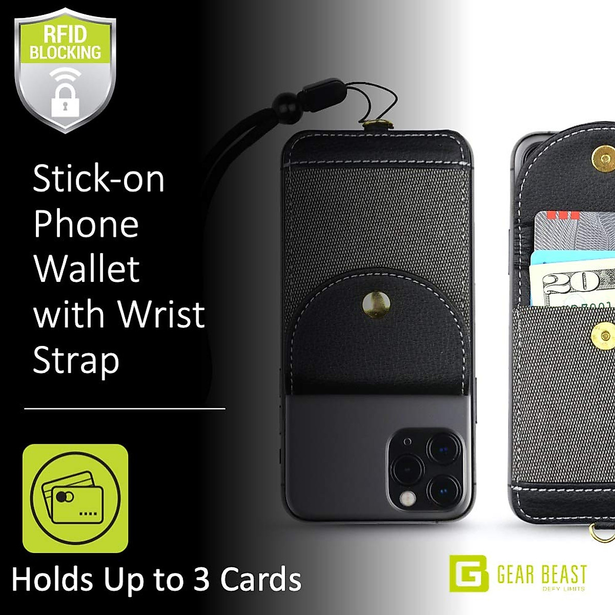 Cell Phone Wallet for Back of Phone with Wrist Strap, Stick On Wallet Credit Card ID Holder with RFID Protection Compatible with iPhone, Galaxy & Most Smartphones and Cases