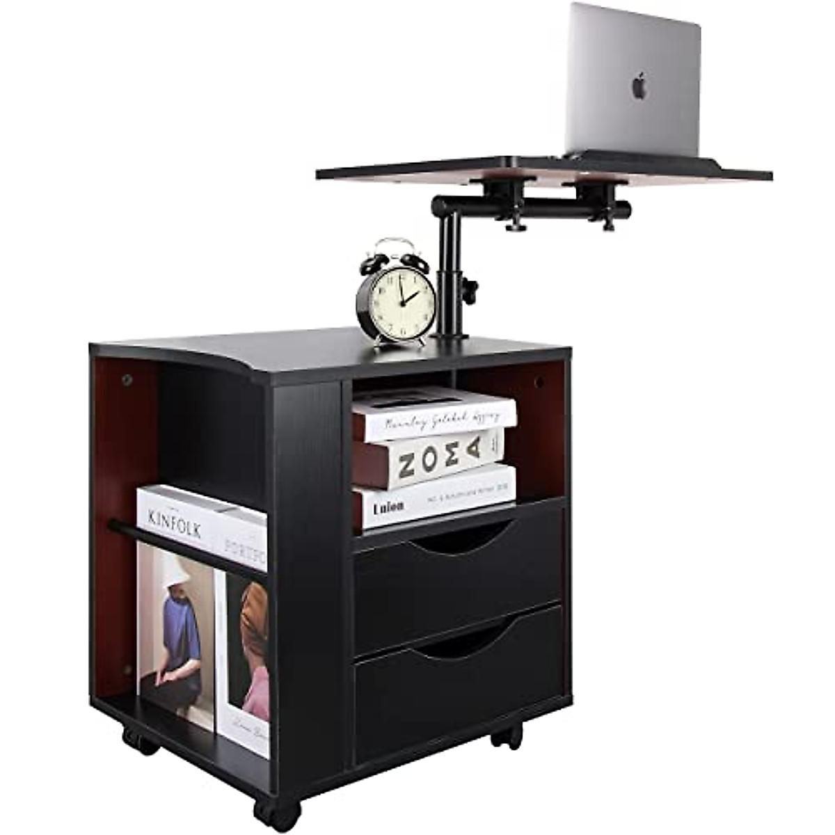 DANSION Bedside Table Workstation, Adjustable Swivel Tilt Wooden Nightstand Laptop Desk with Drawers and Magazine Holder, Laptop Cart with Wheels, Black