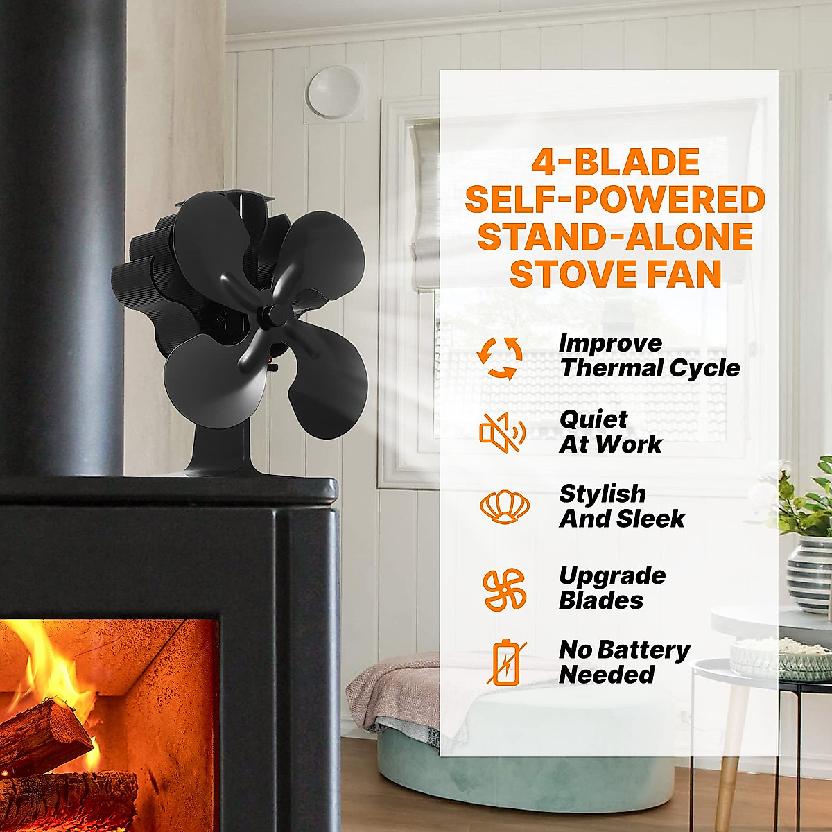 LerkeHony 4 Silent Heat Powered Stove Fan, Log Burner Fan with a Thermometer, Eco Friendly Heat Circulation for Wood/Log Burner/Fireplace/Free Stove Thermometer Satin/Black