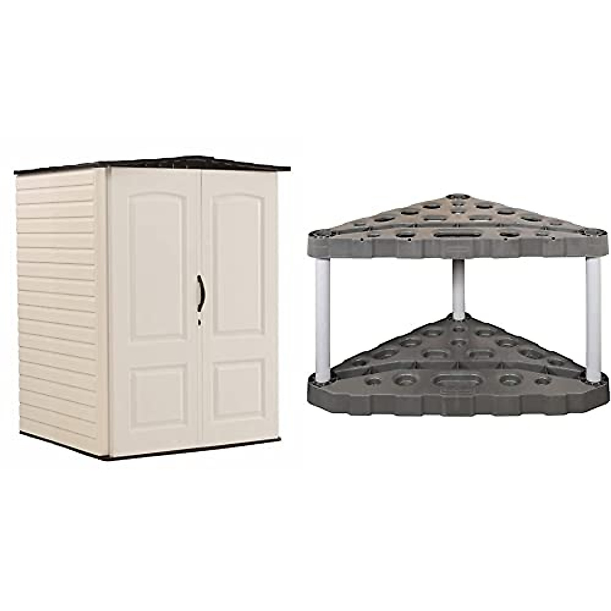 Rubbermaid Medium Vertical Resin Weather Resistant Outdoor Garden Storage Shed, 5x4 Feet, Sandstone & Corner Tool Rack, Tool Organizer, Broom Holder and Garden Tool Organizer