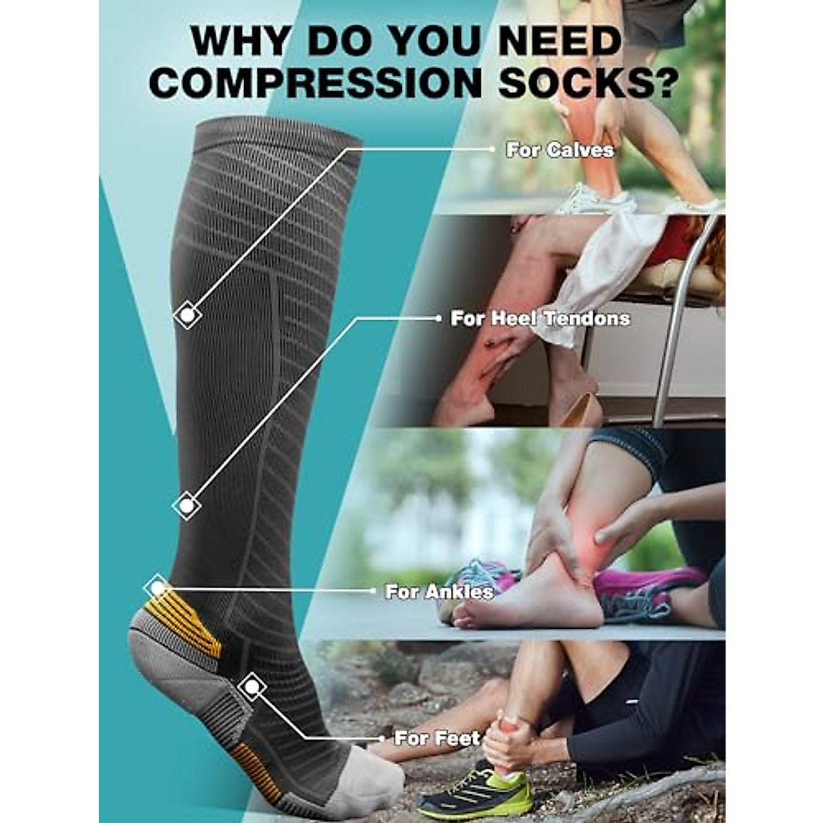 SONORAN 6 Pairs Compression Socks for Men & Women 20-30 mmHg Graduated Compression Socks Knee High Best Support for Running, Travel, Athletic L/XL（Gray Yellow）