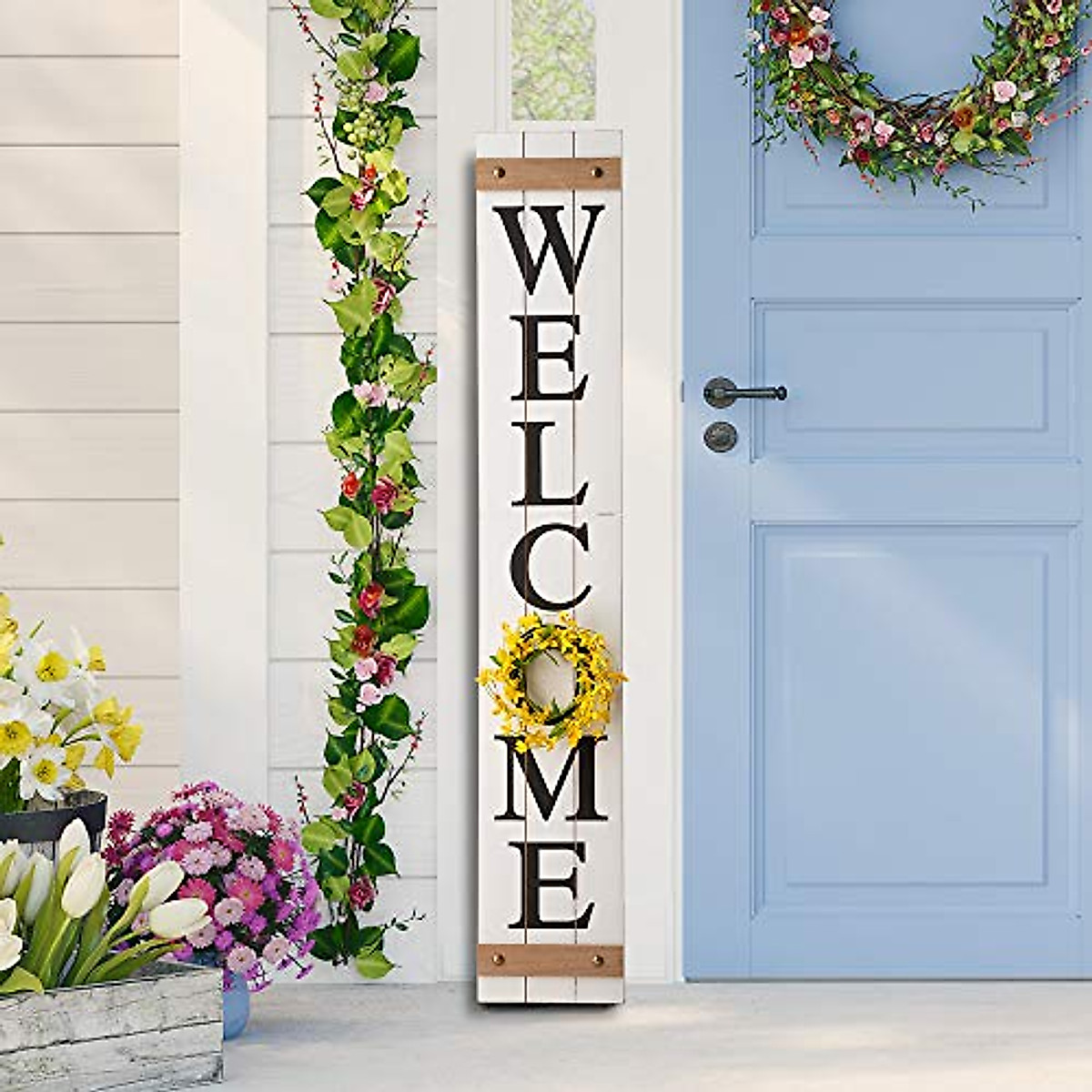 Glitzhome Welcome Sign for Front Door Porch Rustic Farmhouse Wooden Hanging Wall Decor with Interchangeable Floral Wreath, 60" H, White