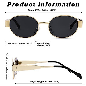 COASION Retro Oval Sunglasses for Women - 90s Vintage Designer Fashion Shades - UV400 Protection Metal Sun Glasses (Gold/Grey)