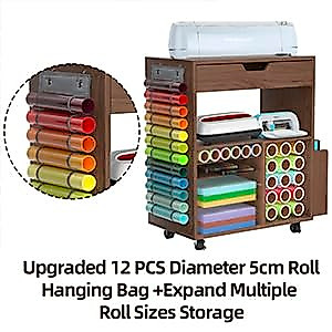 Storage Cart Organizer Compatible with Cricut Machines,Rolling Craft Cart with Extra 12 Vinyl Roll Holders,Crafting Organizer Desk Cabinet Workstation for Craft Room Home
