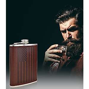 American Flag Flask - 8 oz Premium Soft Touch Leather Wrap | 304 Highest Food Grade Stainless Steel | Leak Proof Slim Hip Flasks | Classic American Flag Design | Bonus Funnel