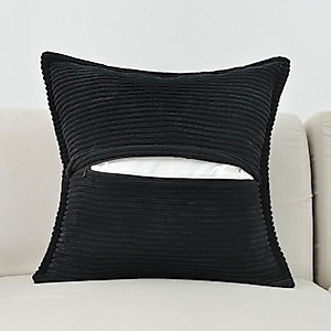 HAUSSY Black Throw Pillow Covers 22x22 Inch Set of 2, Soft Corduroy Solid Striped,Square Decorative Cushion Case,Winter Home Decorations for Couch,Bed