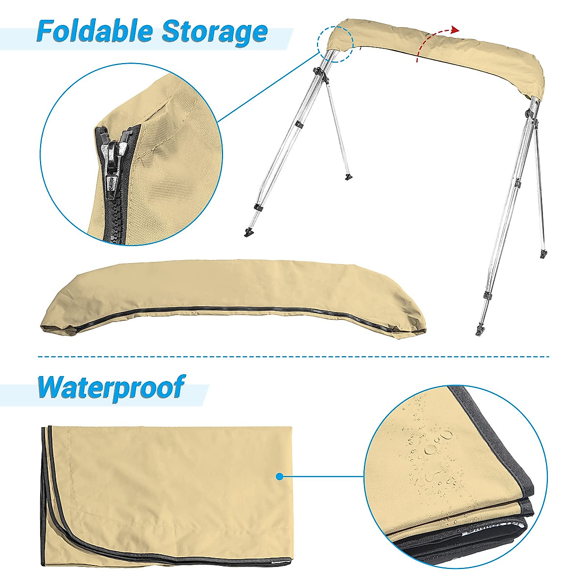 AA Products 3 Bow Bimini Top Cover Sun Shade Boat Canopy Waterproof Includes Storage Boot with Aluminum Frame, 46" Height with Rear Support Poles, 6'L x 46" H x 73"-78" W, Sand