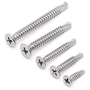 Glvaner 60pcs #10 x 3/4" Phillips Flat Head Self Drilling Screws, Stainless Steel 410, Flat Head Self Quick Self Tapping Screws for Sheet Metal Wood Plastic, Without Pre-drilled Holes