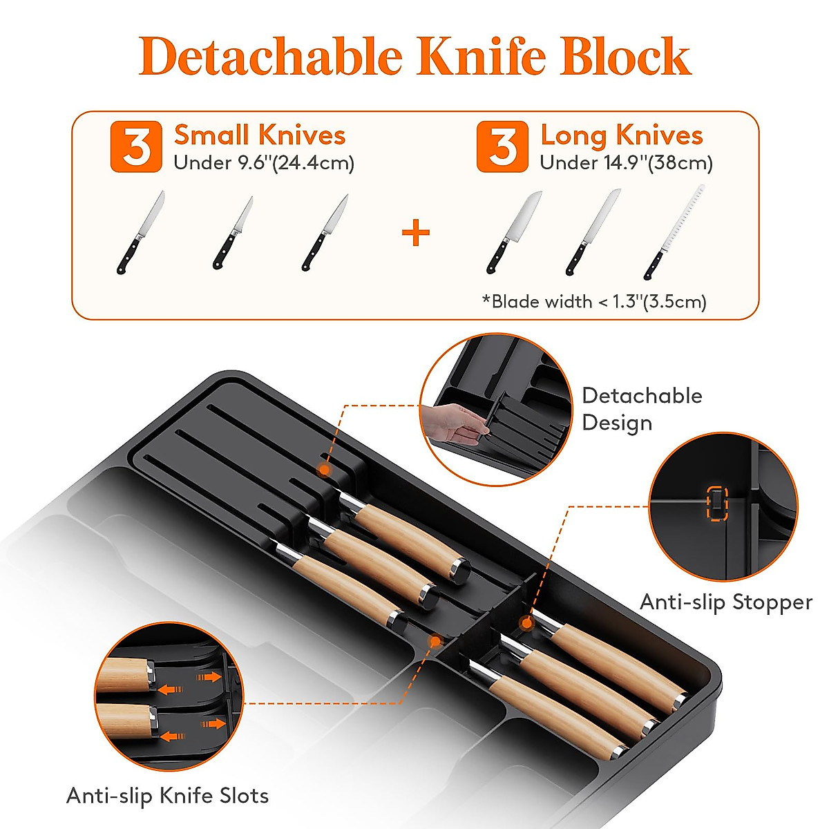 Lifewit Silverware Organizer for Kitchen Drawers, Expandable Utensil Tray with Removable Knife Block, Adjustable Cutlery and Flatware Holder, Plastic Spoon Forks Holder Storage Divider, Large, Black