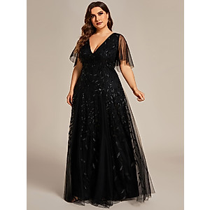 Ever-Pretty Womens Plus Size Sequin Emboridery Formal Evening Dresses with Sleeves Black US18