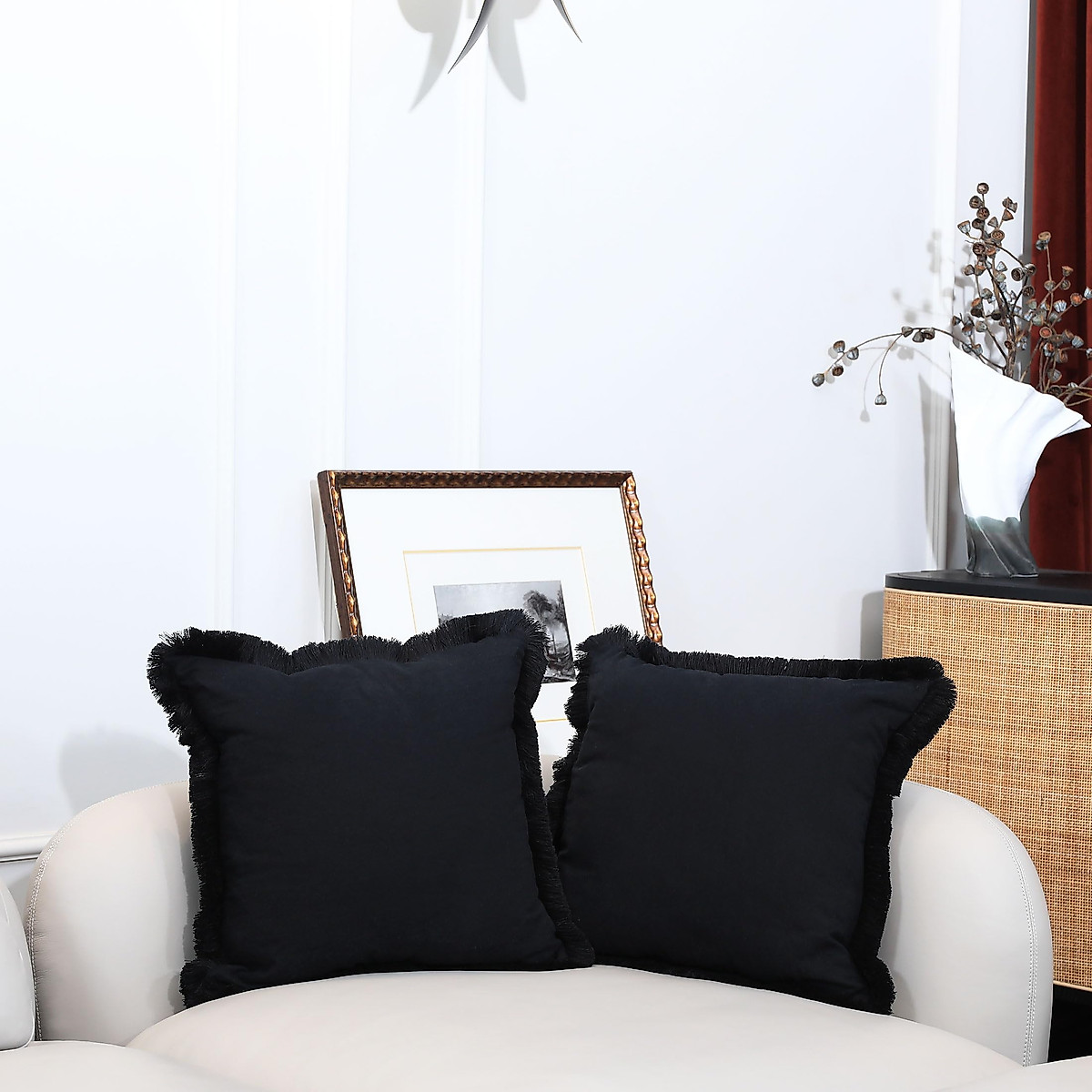 Black Linen Fringed Throw Pillow Cover 18x18 Inches Farmhouse Couch Pillows Cover for Bed Set of 2 Modern Neutral Decorative Throw Pillow Cases